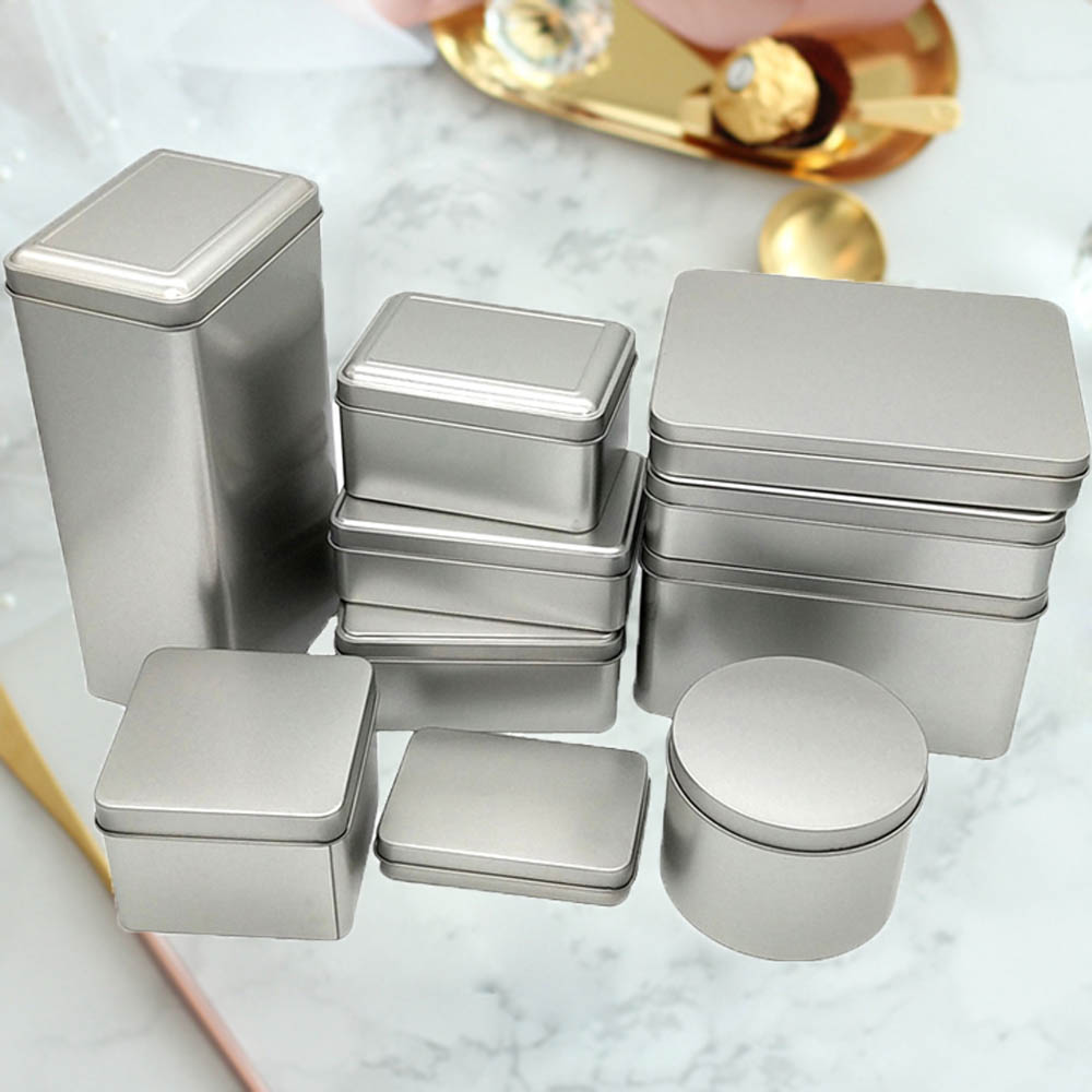 Square Tin Storage Boxes Small Metal Container Silver Color Jewelry ...
