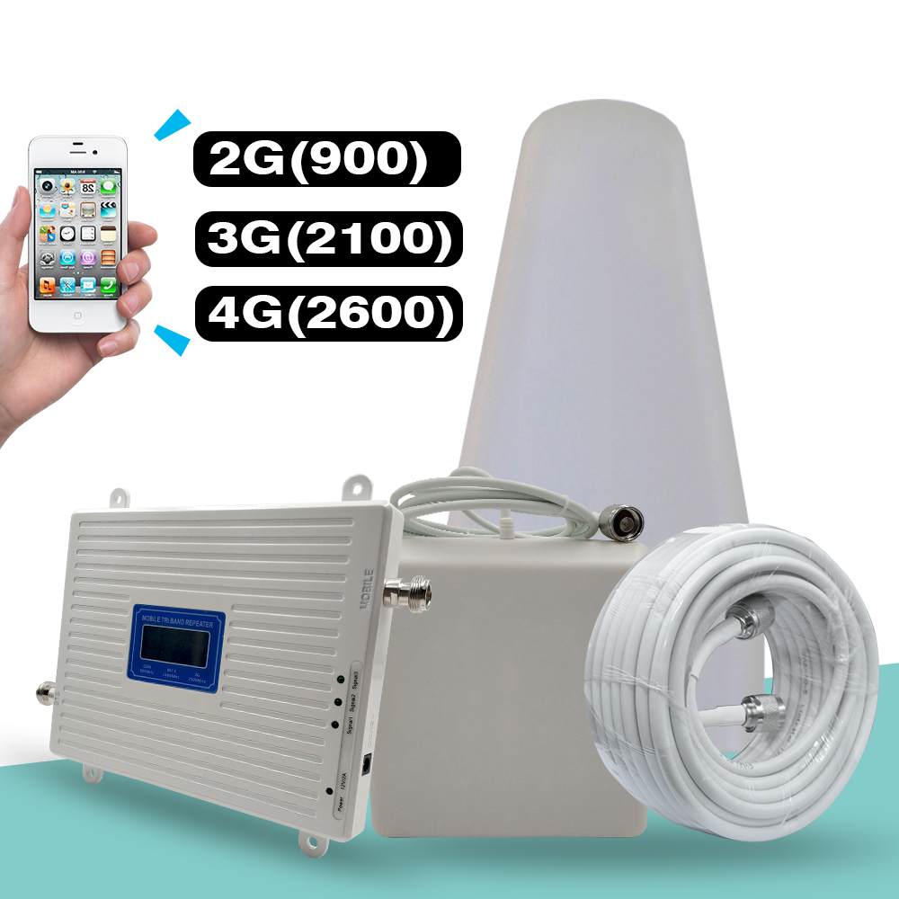 2G 3G 4G Tri Band Signal Booster GSM 900+(B1)WCDMA 2100+(B7)FDD LTE 2600 Cellphone Signal ...
