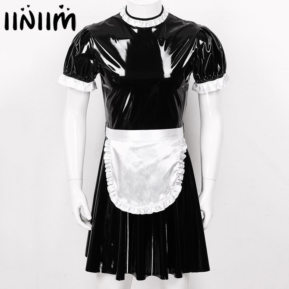 Mens Wetlook Leather French Maid Fancy Costume Servant Cosplay Uniform
