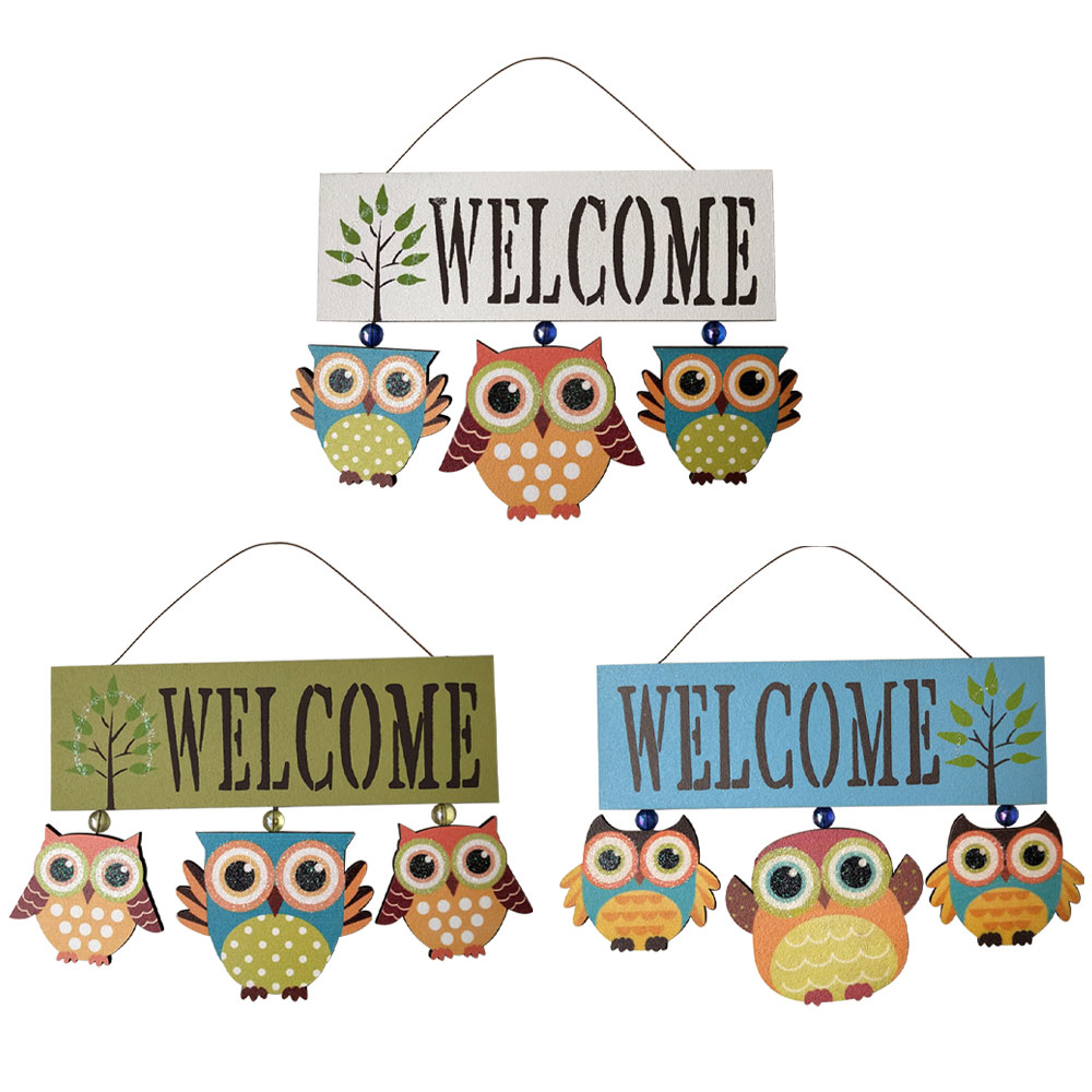 Owls Hanging Hello Wooden Welcome Sign Plaque Home Art Decor Rustic ...