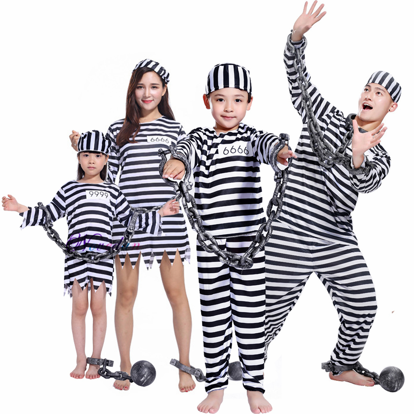 Adult Kids Striped Prisoner Costume Prison Suit Uniform Chains Family Matching Outfits Cosplay ...