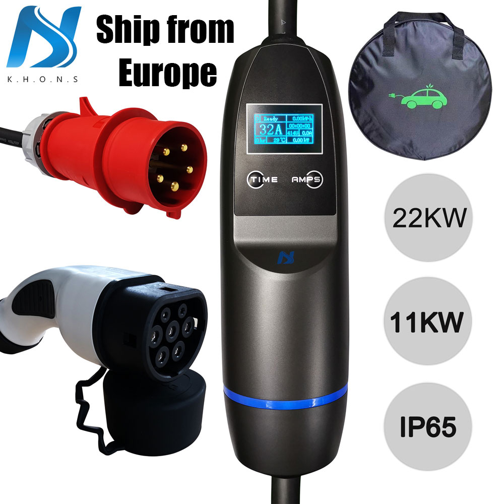 Khons 22KW 3 Phase EVSE Type 2 Electric Car Vehicle EV Charger With Red ...