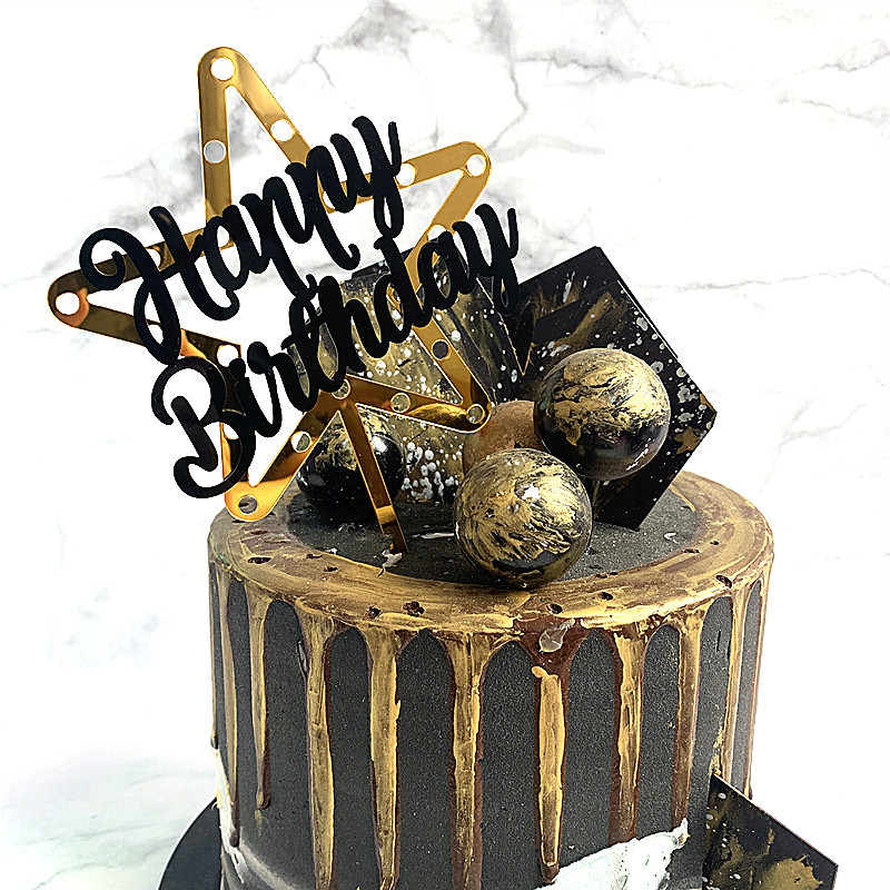 New Acrylic Happy Birthday Cake Topper Gold Stars Frame Cake Topper ...