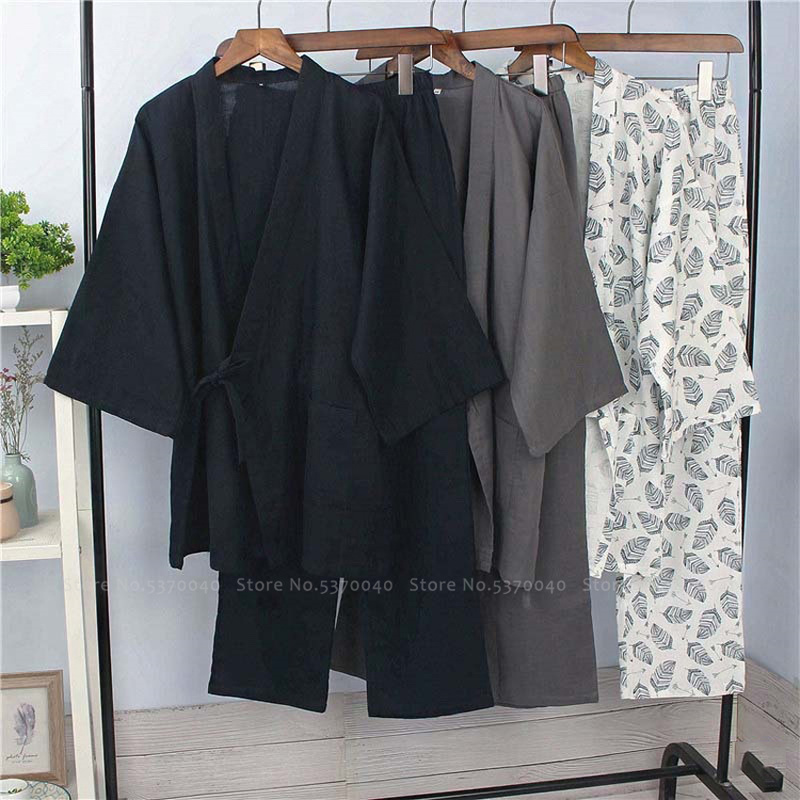 Japanese Cotton Kimono Bath Robe Samurai Men Haori Yukata Top Pants ...