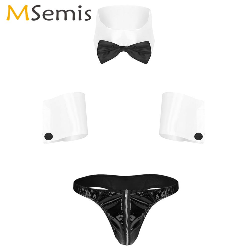 Mens Erotic Maid Uniform Wetlook Latex Leather Bikini Briefs Collar