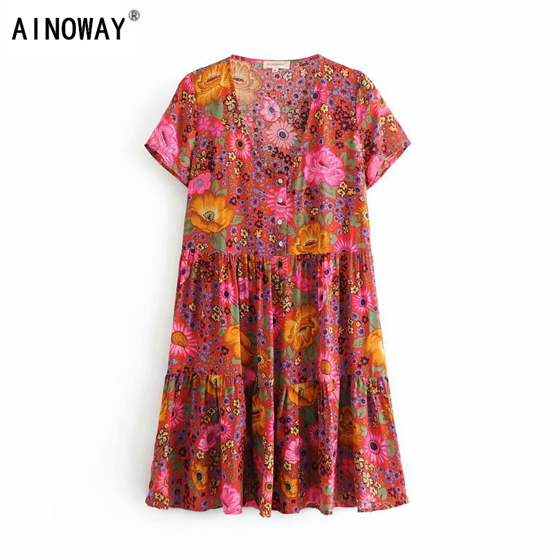 Mini robe Vintage Chic pour femmes, manches courtes, imprimé Floral ...